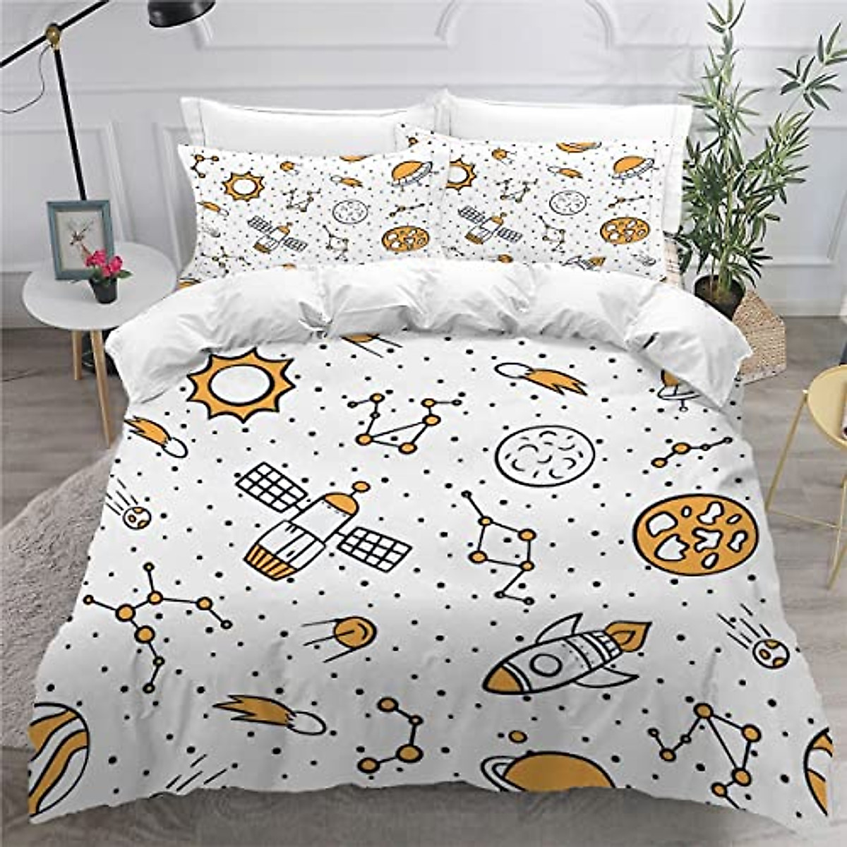 Quilt Cover Full Size Rocket, Astronaut 3D Bedding Sets Cartoon Space Duvet Cover Breathable Hypoallergenic Stain Wrinkle Resistant Microfiber with Zipper Closure,beding Set with 2 Pillowcase