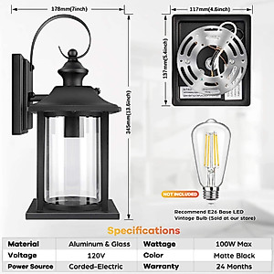 2-Pack Dusk to Dawn Sensor Outdoor Wall Lantern, Exterior Wall Mount Light Fixture with E26 Base Socket, 100% Anti-Rust Aluminum Waterproof Porch Light, Clear Glass Matte Black Wall Sconce for Doorway