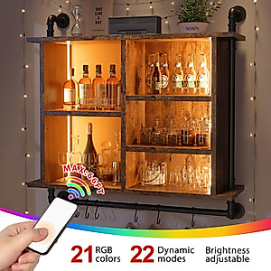 REIBII 37" Floating Shelves for Wall with Led Wall Shelves for Kitchen Storage Industrial Pipe Shelving with 8 S-Hook Wood Wall Mounted Shelves for Bathroom Wall Wine Coffee Bar Rack Halloween Decor