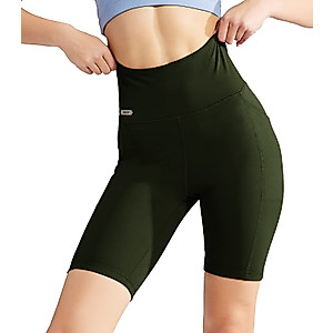 MIER Women's High Waist Yoga Compression Shorts Stretch Biker Shorts with Side Pockets, Tummy Control, 8 Inch, Army Green, L
