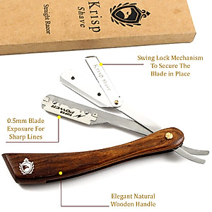 Professional Straight Edge Shaving Razor Safety - Krisp Beauty Natural Wood Handle Wet Shave Manual Shavette Razor For Men Barber Salon Quality Stainless Steel with 5 Double Edge Shaving Blades
