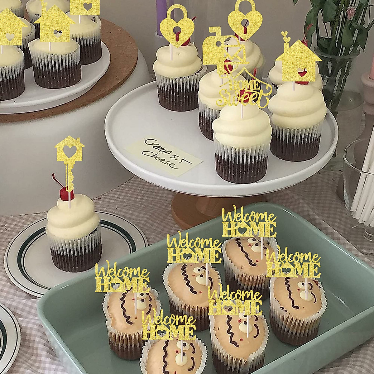 24 Pack Sweet Home Cupcake Toppers Glitter Key Lock Housewarming Cupcake Picks New Home Theme Party Welcome New House Party Cake Decorations Supplies Gold