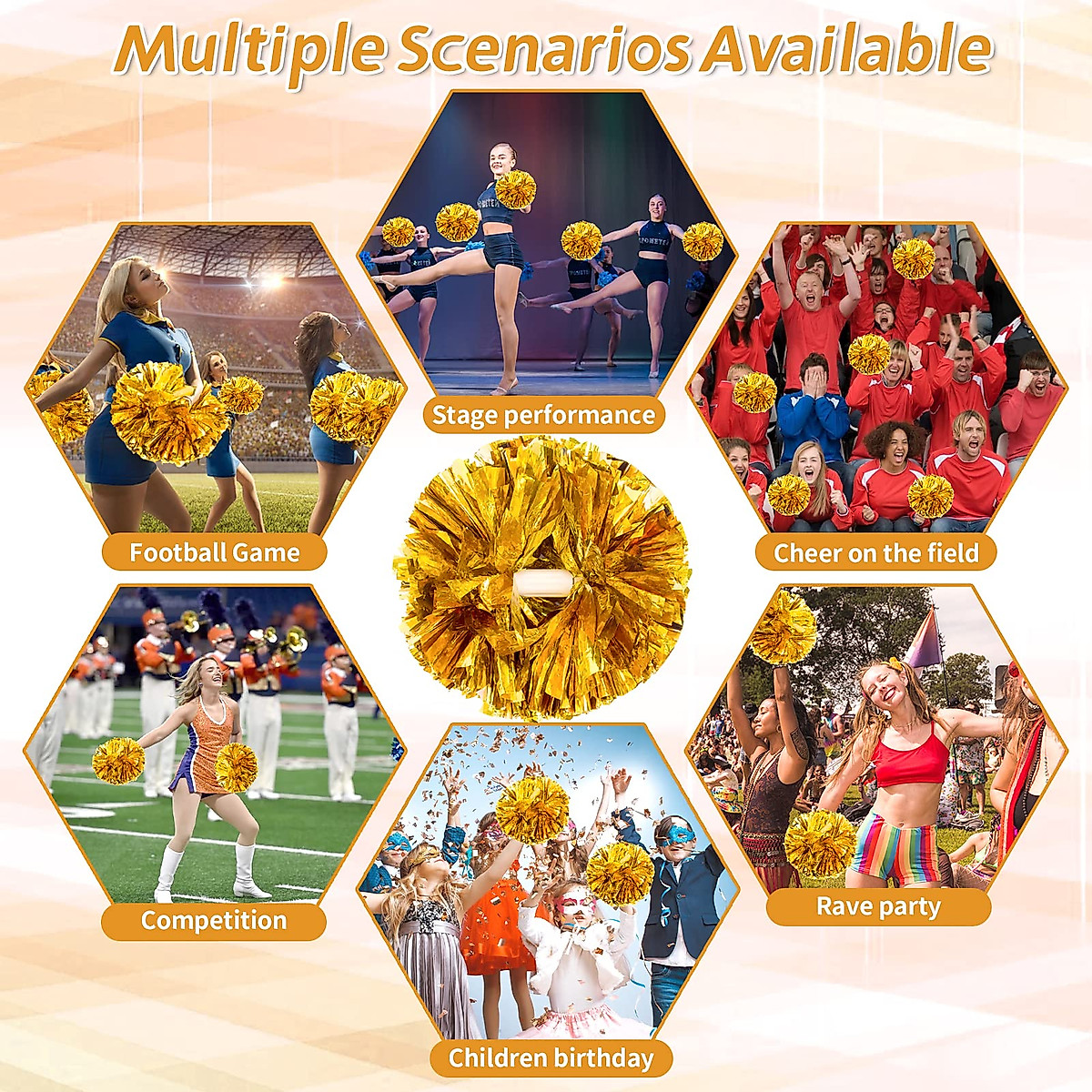 4Pcs Metallic Cheerleading Pom Poms, Creatiee 2 Pair Cheerleader Cheering Squad Pompoms for School Sports Dance Games Team Spirit Cheer (Gold)
