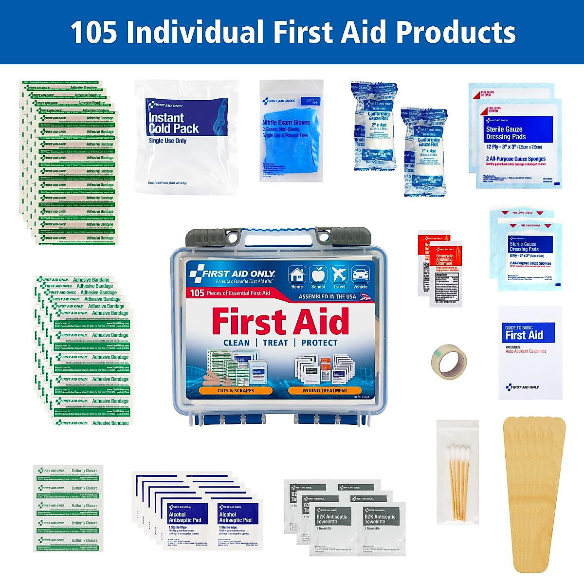 First Aid Only On-The-Go Emergency First Aid Kit for Home, Work, and Travel, 105 Pieces