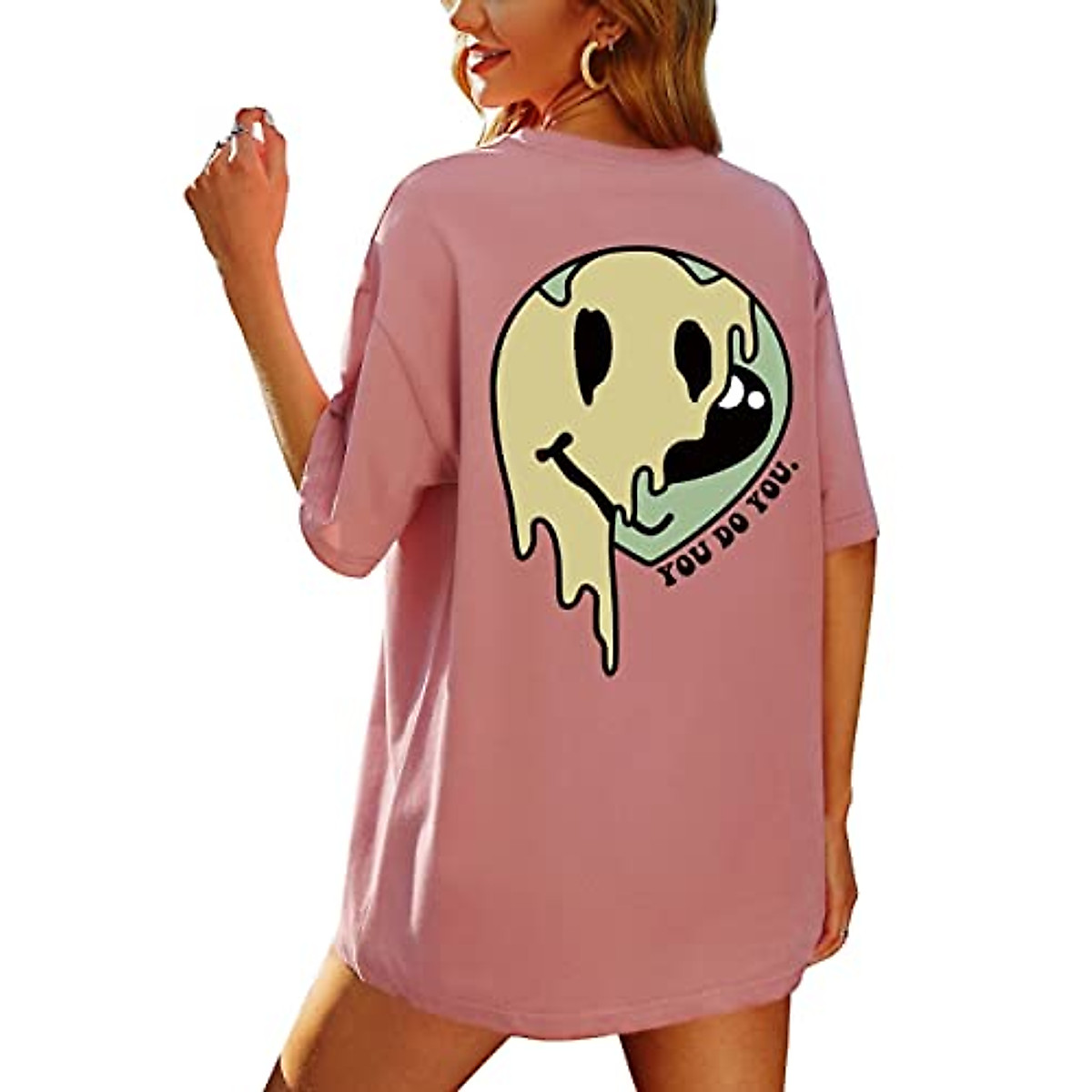 MISSACTIVER Women Oversized Graphic Print Tee Shirt Loose Short Sleeve Round Neck Drop Shoulder Tee Top Pullover Pink