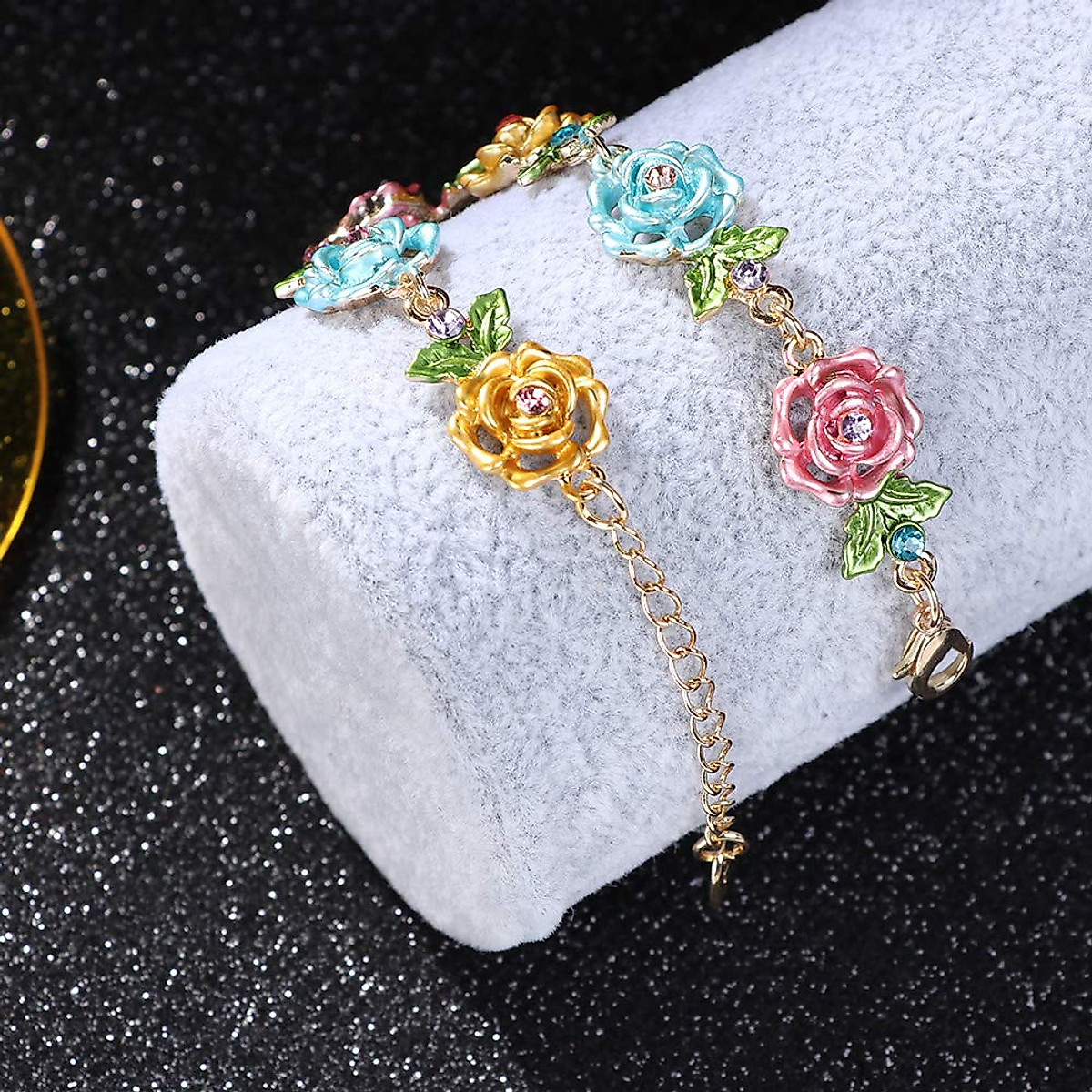 Puadun Elegant Cloisonne Flower and Leaf Bangle Bracelet with Sparkling Rhinestone Charm and Adjustable Extension Chain - Gift for Women, Comes in Gift Box