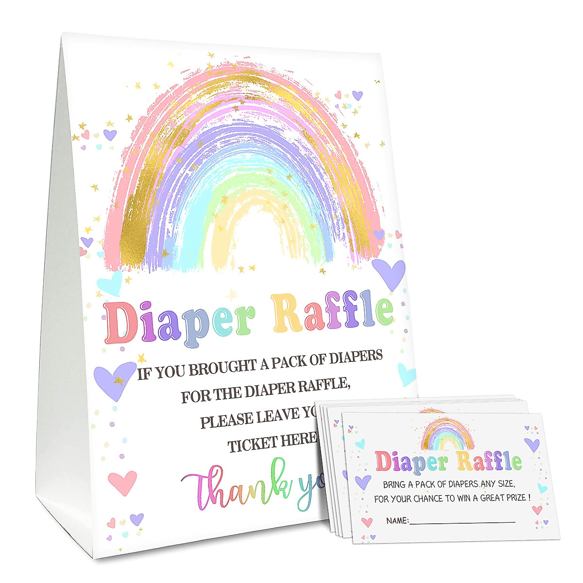 Nopoben Diaper Raffle Baby Shower Game, 1 Standing Sign and 50 Tickets,Rainbow Theme Gender Neutral for Boys or Girls, Bring A Pack of Diapers for Mom-to-Be, (027)
