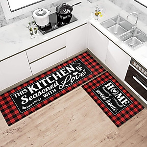 Ideasonna Red Buffalo Plaid Kitchen Rugs Sets of 2 Decor Non-Slip Washable Red Kitchen Mats for Floor 2 Piece