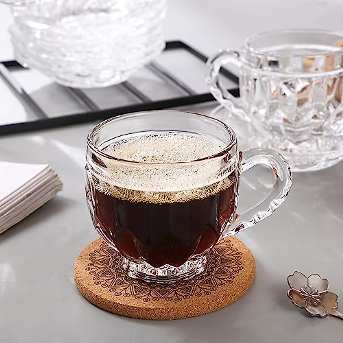 GURUDAR Glass Coffee Mug Set of 6, Clear Espresso Cup with Handle, Lead-Free Drinking Glassware, Perfect for Tea Latte Cappuccino Juice and More Beverage, 6OZ/180ML