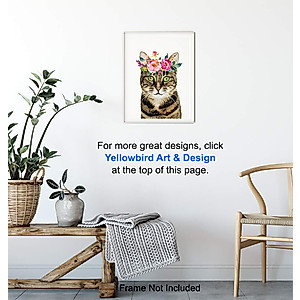 Tabby Cat Wall Art Decor - Kitten, Kitty, Cat Lover Gifts for Women - Cute Floral Wall Art Poster - Adorable Room Decoration for Girls Bedroom, Kids Room, Living Room, Baby Nursery