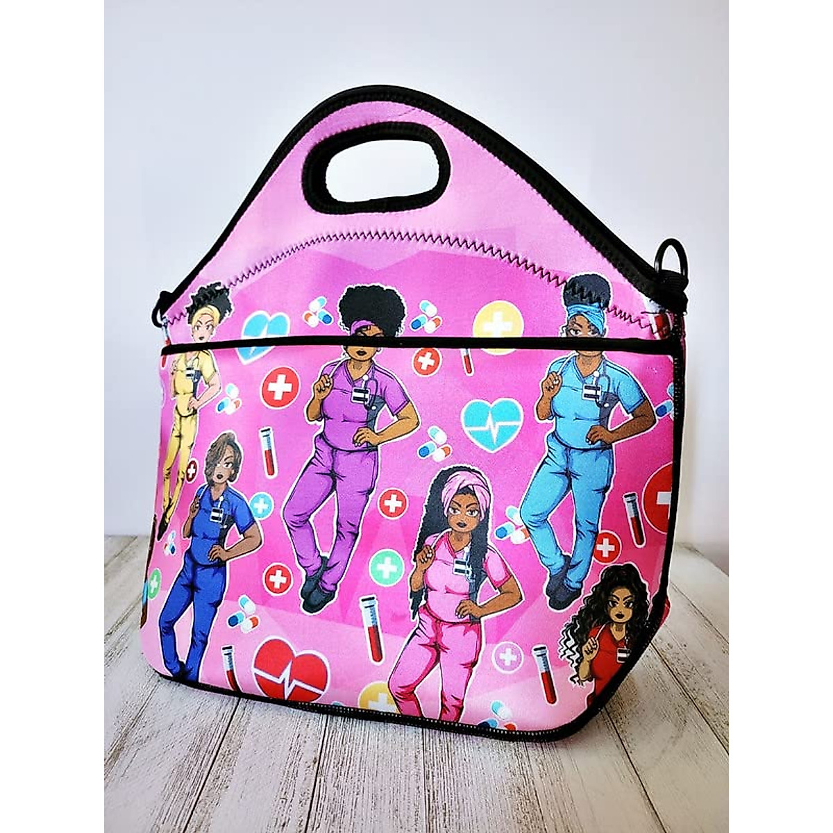 Reflections By Zana Large Pink Afro African American Women Neoprene Lunch Tote with Adjustable Shoulder Strap