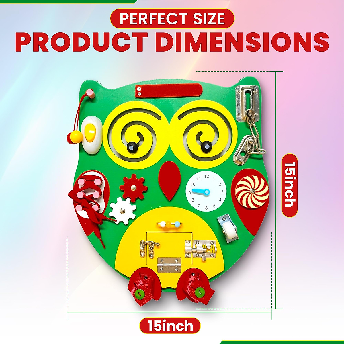 SENSORY4U Owl Sensory Wooden Activity Busy Board - Wood Montessori Experience - Quiet Play Latches Tying Spinning Buttoning