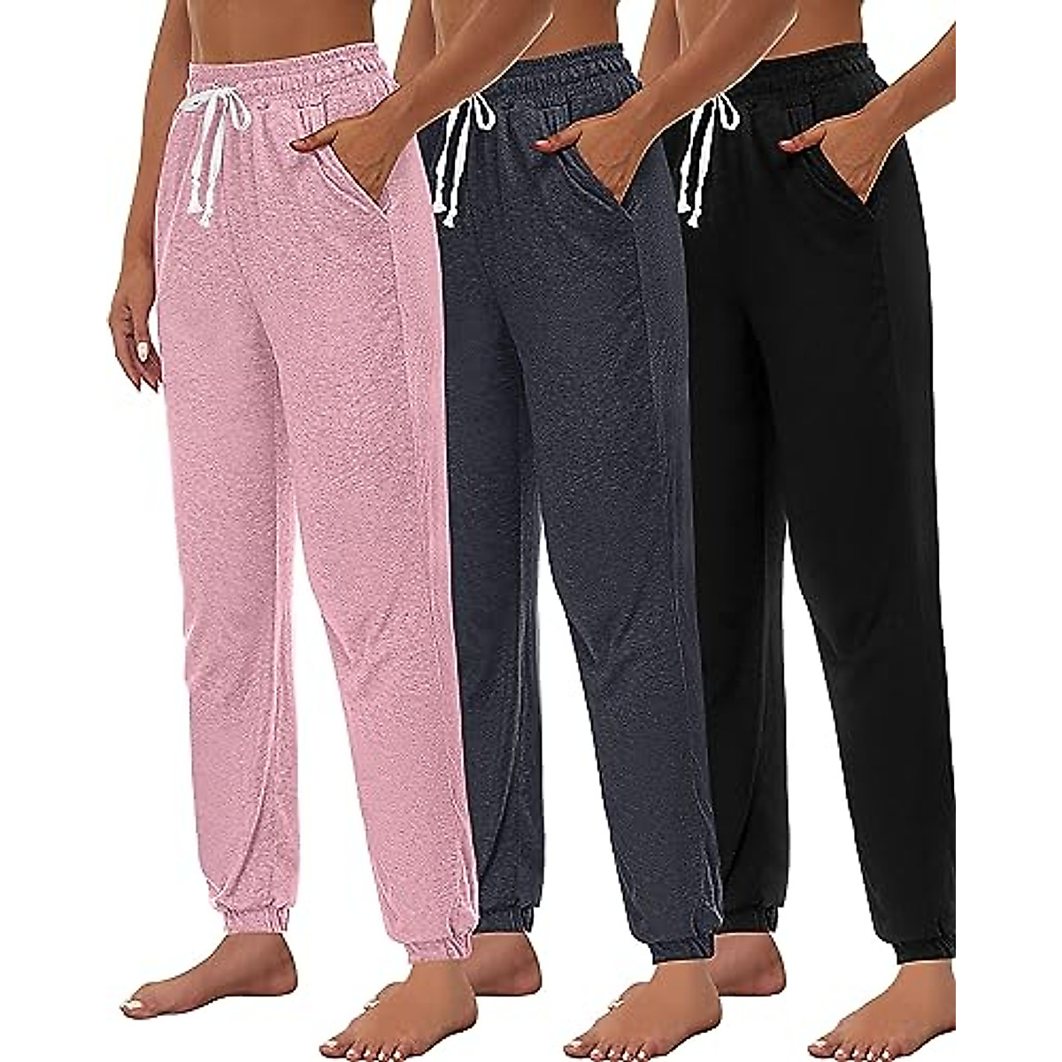 Ficerd 3 Pcs Women's Joggers Pants Casual Soft Sweatpants Lounge Pants High Waisted Athletic Joggers with Pockets (Black, Dark Gray, Pink,Small)