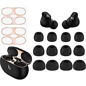 Dust Guard Ear Tips Kit Compatible with Beats Studio Buds, 2 Ultra Thin Dust Proof Metallic Stickers Cover and 6 Pairs Replacement Eartips Compatible with Beats Studio Buds - S/M/L Rose Gold