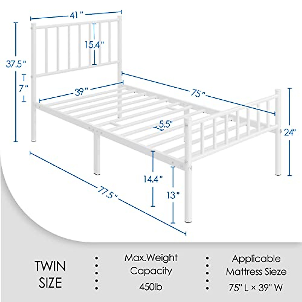 Yaheetech Twin Size Bed Frame Metal Platform Bed Frame Mattress Foundation with Spindle Headboard & Footboard/No Box Spring Needed/14 Inch Underbed Storage/Firm Support & Easy Set up Structure, White