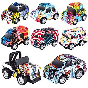 Pull Back Cars, 8 Pack Graffiti Style Metal Friction Powered Die-cast Cars Trucks Playset, Toys Pull Back Vehicles for Kids Boys Girls Toddlers, Toy Cars Party Favors for 3-14 Year Old Children, 8pcs