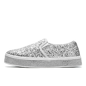 UUBARIS Women's Fashion Loafers Rhinestone Glitter Sneakers Sparkly Tennis Shoes Casual Platform Loafers Bling Slip-on Sneakers silver-11
