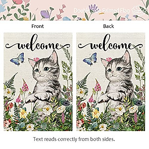 CROWNED BEAUTY Spring Cat Garden Flag Floral 12x18 Inch Double Sided for Outside Welcome Burlap Small Yard Holiday Decoration CF754-12