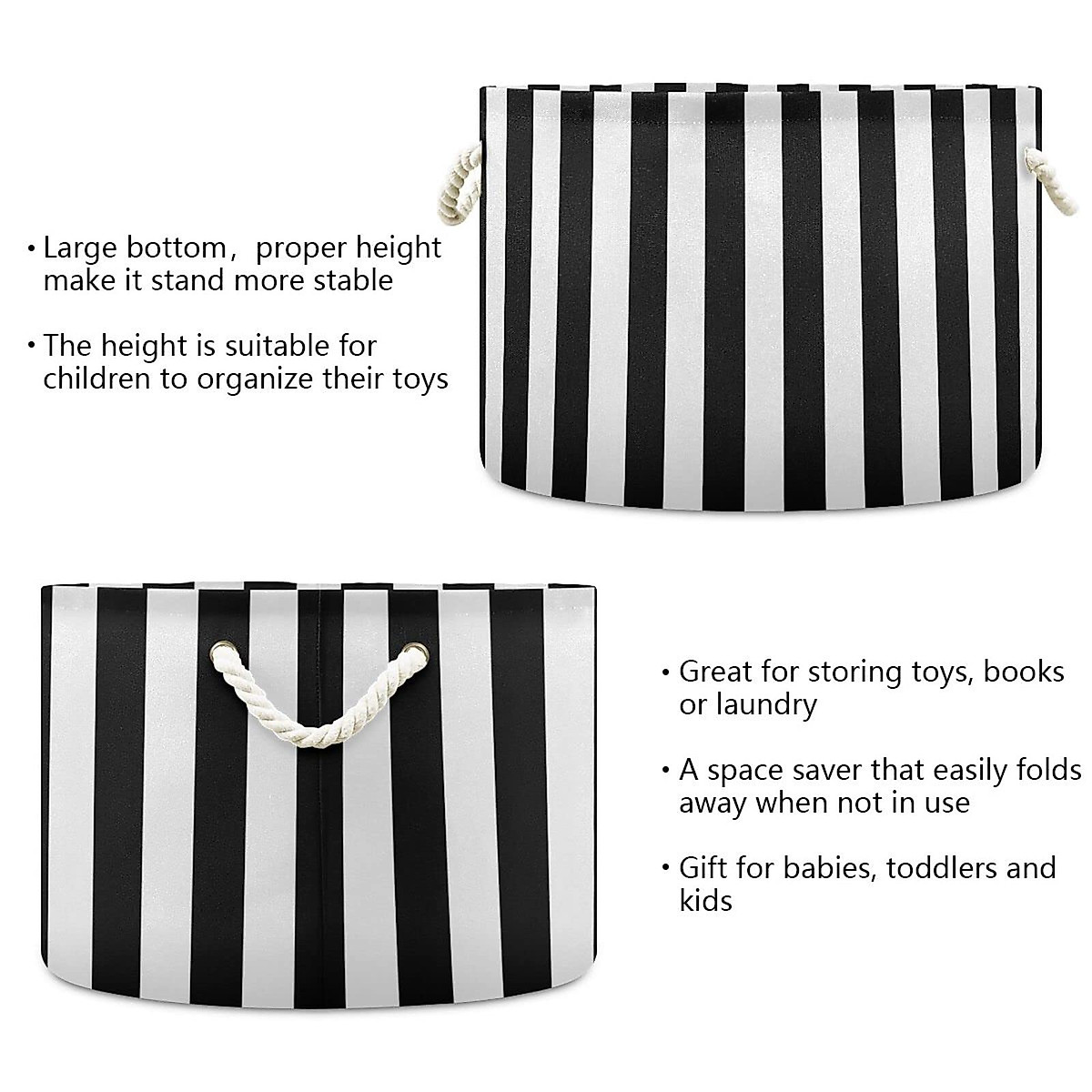 xigua Black White Stripes Pattern Large Round Storage Basket 20 x14 Inches Collapsible Round Storage Bin, Laundry Basket Organizer for Towels, Blanket, Toys, Clothes