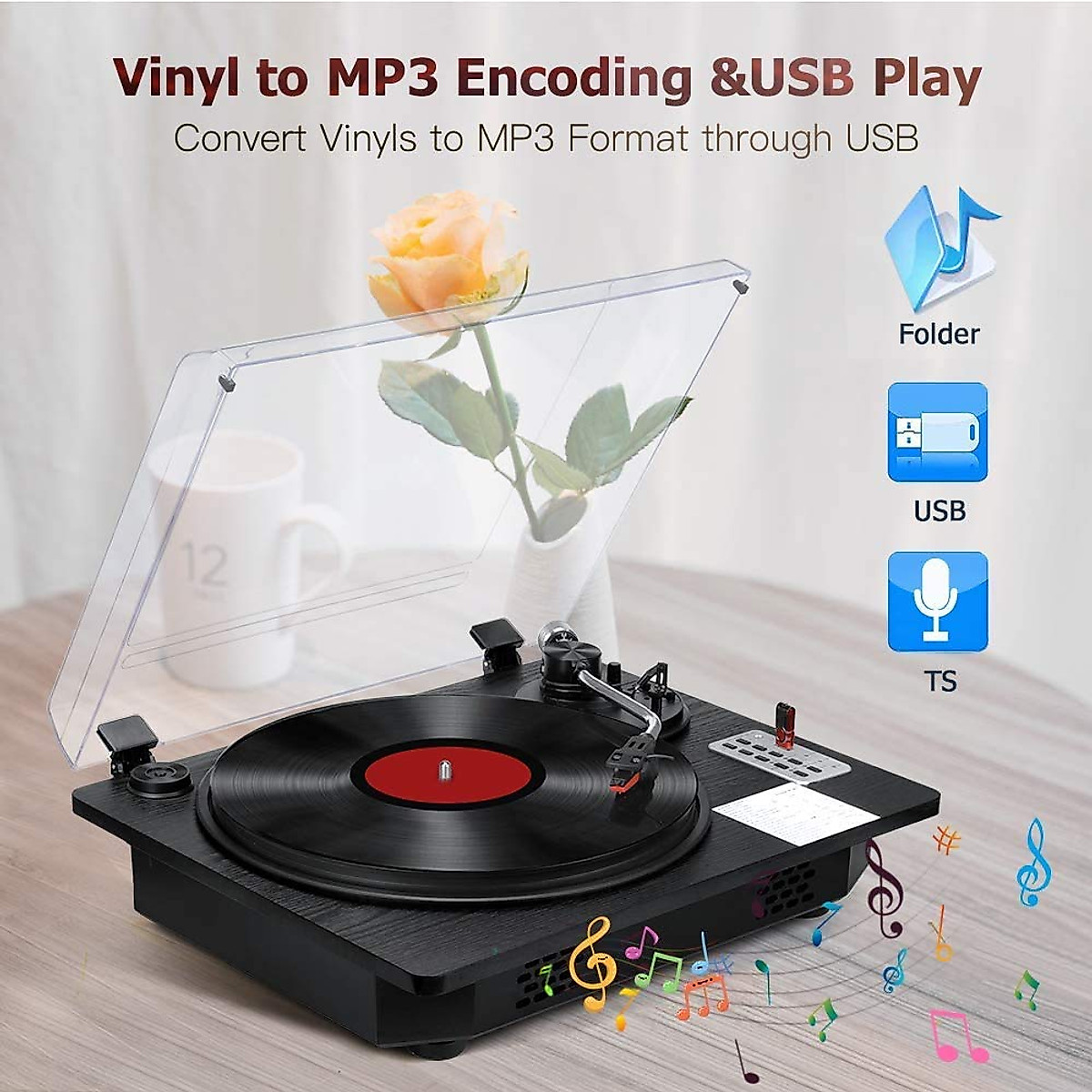 Record Player with Bluetooth Output Input for Vinyl with Speakers,Turntable for Vinyl Records Supporting Vinyl to MP3 Encoding TS USB Folder Counter Weight Speed Adjust