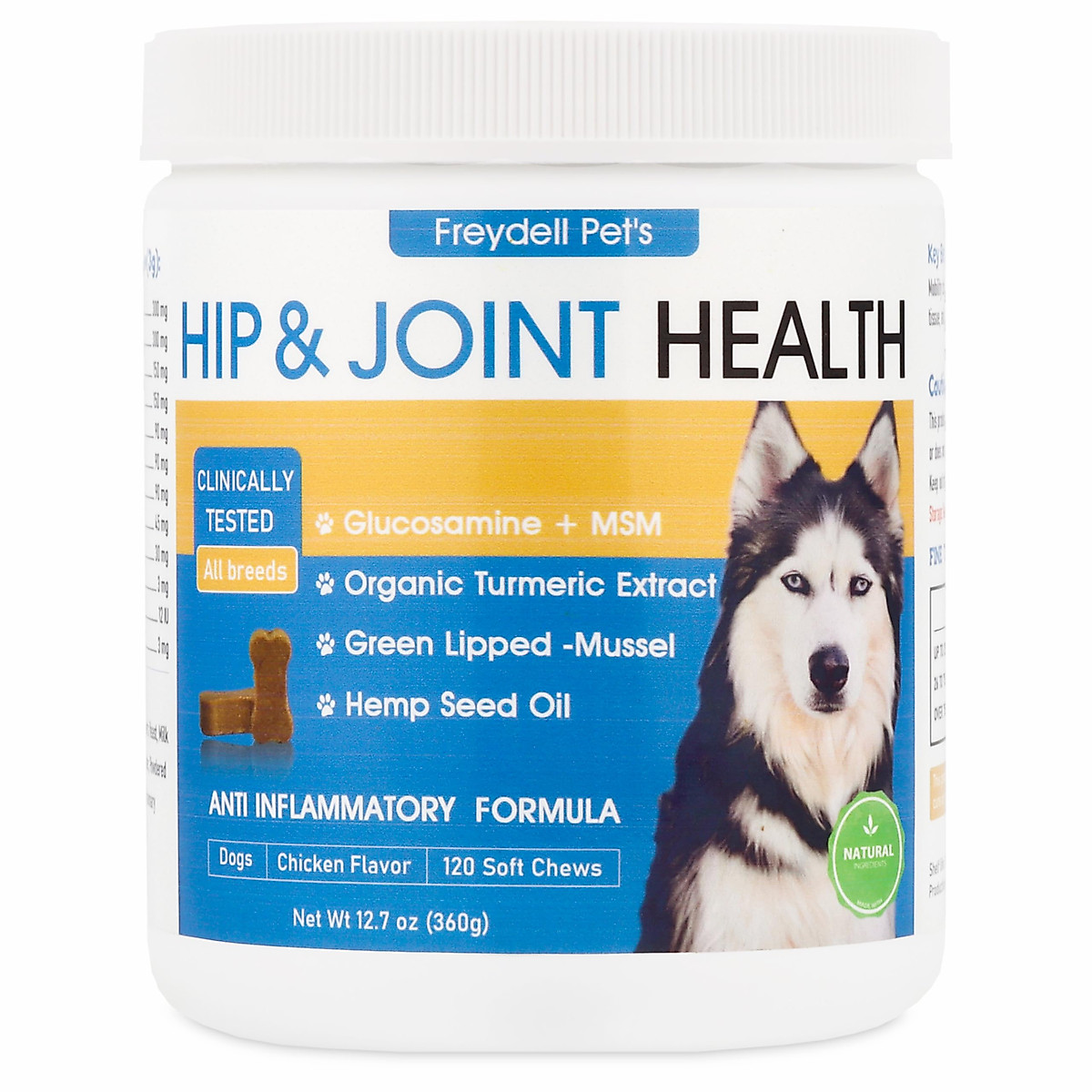 Freydell Pet's Dog Hip and Joint Chews for Large Breeds - Glucosamine, Hemp Seed Oil, Organic Turmeric Extract & Chondroitin Chews - Dog Joint Supplements & Vitamin C for Dogs - Extended Joint Care