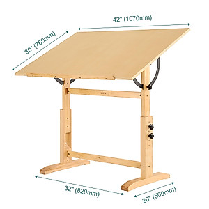 VISWIN 30" x 42" Extra-Large Artist Drafting Table, Adjustable Height & Angle, Solid Pine Wood Drawing Table, Art Table for Adults, Tilts Flat, Craft Table for Painting, Writing, Reading