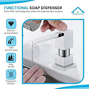 KBFmore 350 ml Square Polished Chrome Finish Kitchen Soap or Lotion Dispenser Fingerprint, Spot and Rust Resistant Stainless Steel 360 Degree Swivel Spout with Countertop Design PET Bottle