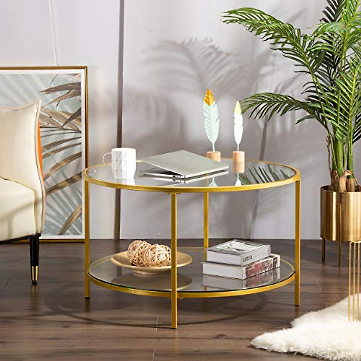 Bonnlo 31.5" Round Coffee Table with Open Storage Shelf,2-Tier Temperred Glass Round Accent Coffee Table with Metal Frame, Mustard Gold