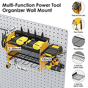 CCCEI Modular Power Tool Organizer Wall Mount Charging Station, Yellow 6 Drills Holder with 8 Plug Power Strip, Garage Drill Battery Heavy Duty Metal Shelf, Utility Rack with Hooks, Side Storage.