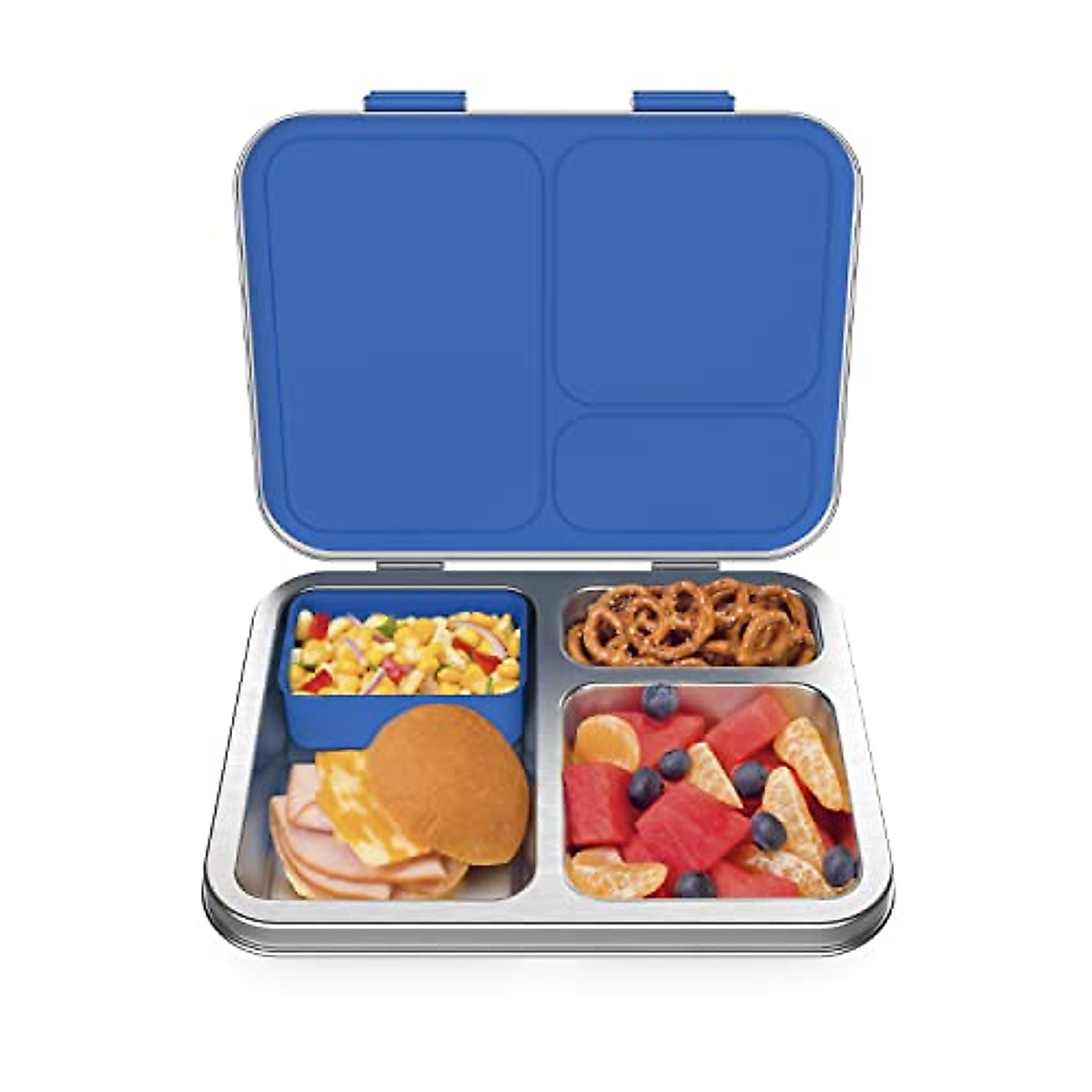 Bentgo® Kids Stainless Steel Leak-Resistant Lunch Box - Bento-Style Redesigned in 2022 w/Upgraded Latches, 3 Compartments, & Extra Container - Eco-Friendly, Dishwasher Safe, Patented Design (Blue)