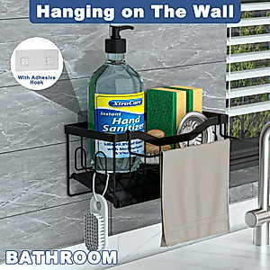 Vanwood Multifunctional Kitchen Sink Caddy with Rag Holder, Adhesive or Countertop Sponge Holder for Kitchen Sink with Self Drain Tray, Sink Organizer Dish Towel Rack for Kitchen Storage Accessories