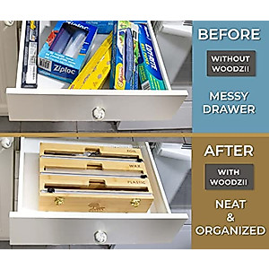 WOODZII 3 in 1 Plastic Wrap Dispenser with Cutter - Bamboo Foil and Plastic Wrap Organizer for Kitchen Drawer or Wall Mount - Wax Paper & Aluminum Foil Organizer Compatible with 12" Roll