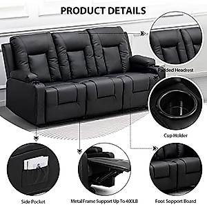 COMHOMA Recline Chair Set，Furniture 3PC Bonded Leather Recliner Set Living Room Set, Sofa with massger(Black, 3+2+1)