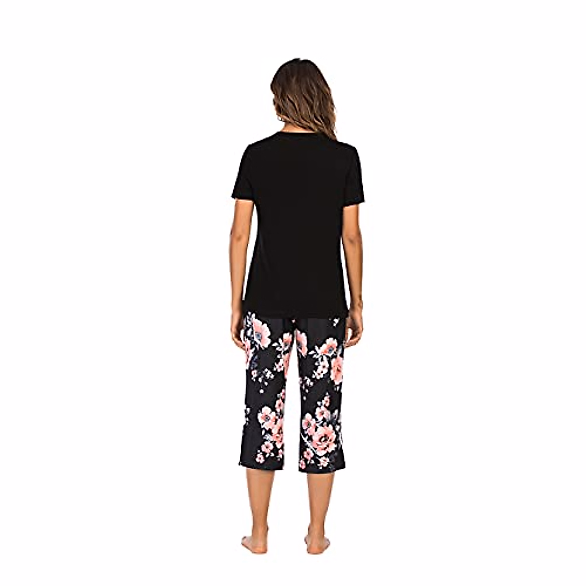 iChunhua Comfy Lounge Sets for Women Short Sleeve V-Neck Tops and Floral Print Wide Leg Pants Loose Nightwear Capri Pajama Set Soft Pj Black M