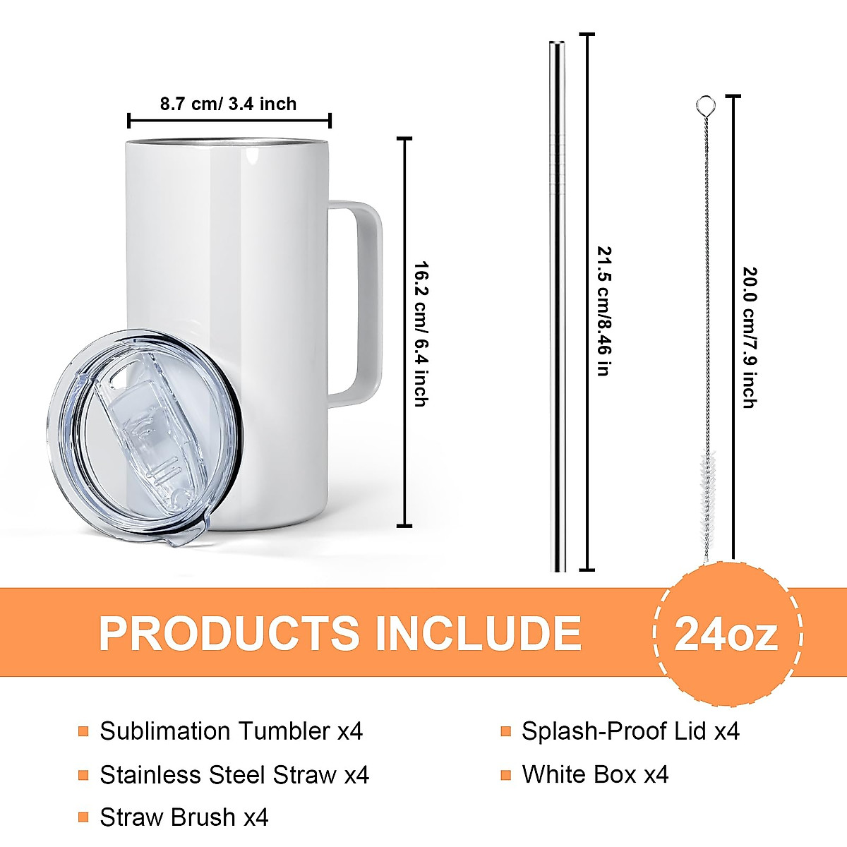 AGH 4 Pack 20 oz Sublimation Tumblers with Handle, Double Wall Stainless Steel Vacuum Insulation Cup with Metal Straw and Splash-Proof Sliding Lid, Travel Coffee Mugs for Hot & Cold Drinks