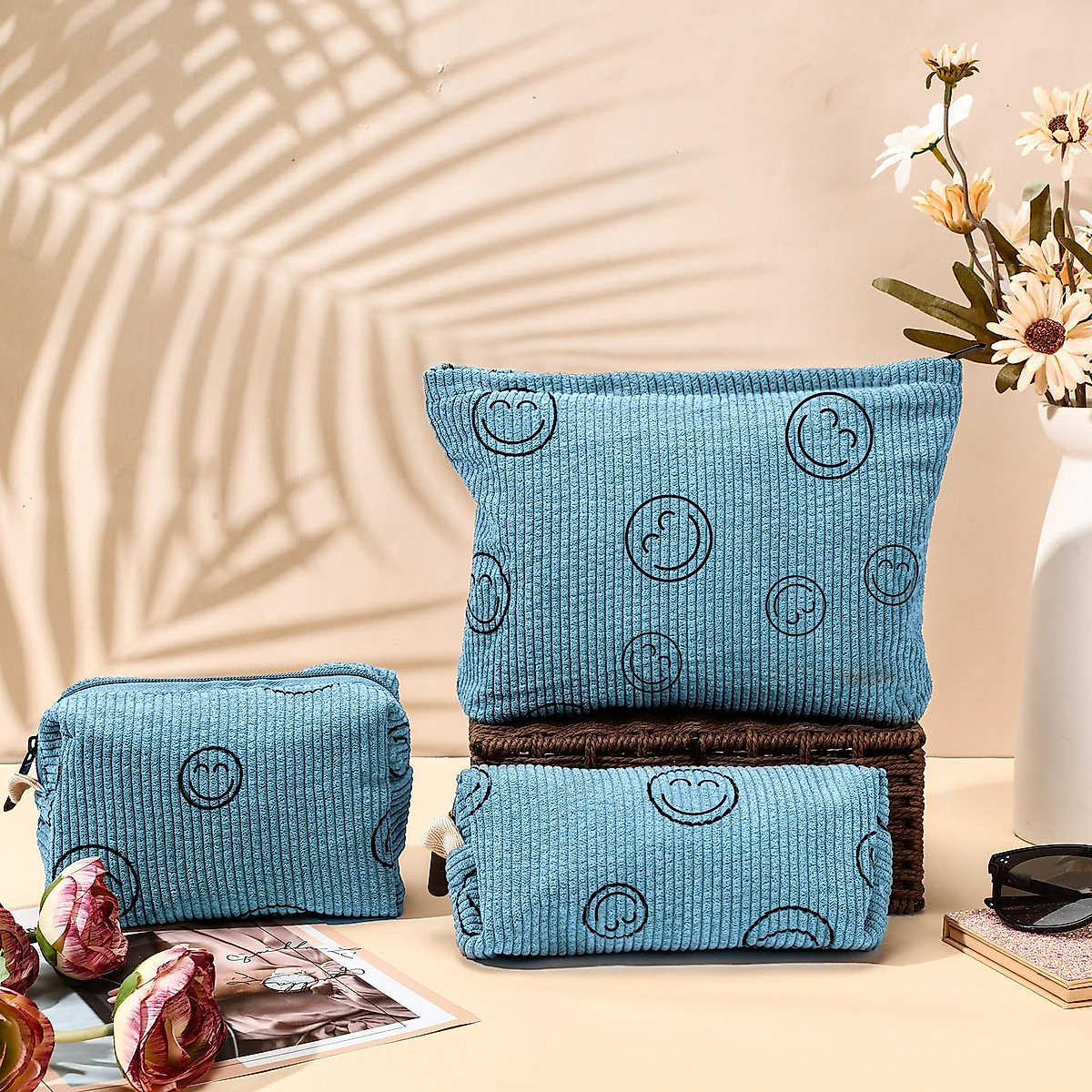 3 Pcs Smile Face Makeup Bag Corduroy Cosmetic Bag 3 Sizes Aesthetic Preppy Makeup Bags for Women Teen Girls Corduroy Toiletry Pouch Travel Smile Dots Bags Washable Skincare Bag (Light Blue Grey)