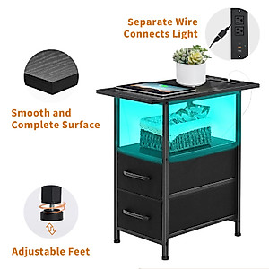 LAKEMID Narrow Side Table Set 2 with LED Light and USB C Port, Night Stand with Charging Station, Skinny End Table with 2 Fabric Drawers, for Bedroom, Living Room, Black