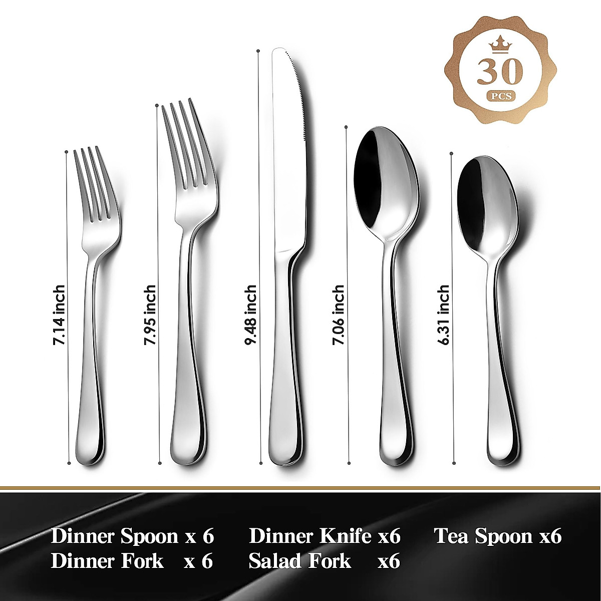 KINGSTONE 30 Pieces Silverware Set for 6, Premium Stainless Steel Flatware Set, Heavy Duty and Modern Design Cutlery Set, Mirror Polished, Dishwasher Safe