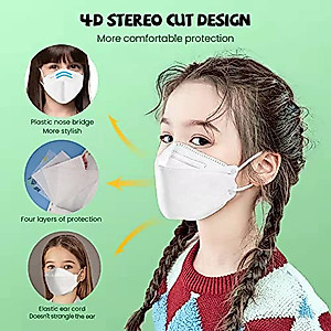 Kids KF94_Mask 50PCS, 4 Layers Protective_Mask Non-woven, Cup Dust_Mask 3D Design Disposable KF94 for Kids Girls Boys (50 PCS, White)