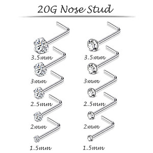 Tornito 20G 10Pcs Stainless Steel L Shaped Nose Studs Rings CZ Nose Ring Labret Nose Piercing Jewelry for Men Women Silver Tone 1.5mm-2mm-2.5mm-3mm-3.5mm CZ
