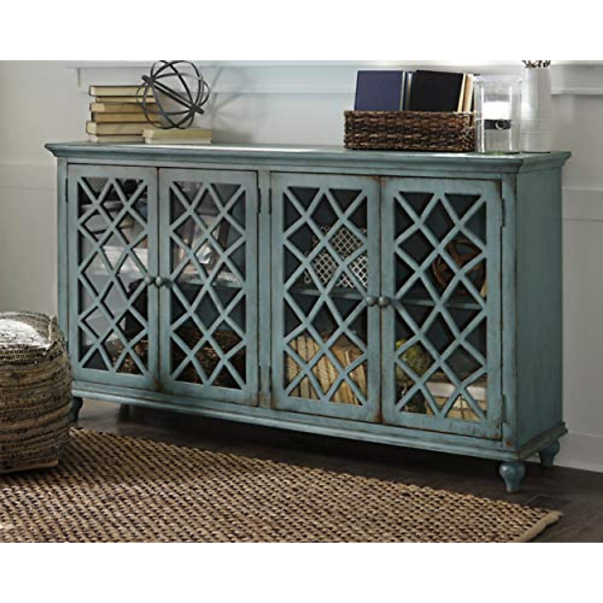 Signature Design by Ashley Mirimyn Vintage 69" 4-Door Accent Cabinet with Mirrored Glass and 2 Adjustable Shelves, Antique Blue