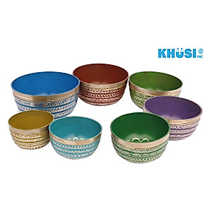 Khusi Tibetan Singing Bowl Set of 7, Handmade, 7 Colors Singing Bowl, Chakra healing, Relaxation, Stress Relief and Spiritual Singing Bowl, Comes w/silk cushions, 4 sticks and Brocade Box