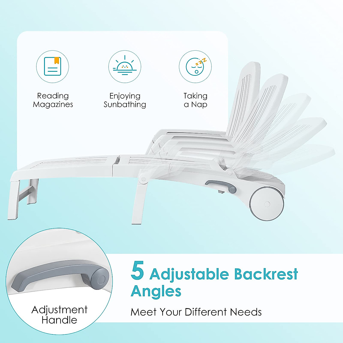 Tangkula Outdoor Chaise Lounge Chair, 5-Position Adjustable Recliner with Storage Box and Flexible Wheels, All-Weather Folding Patio Lounge Chair for Poolside, Beach and Backyard (1, White)