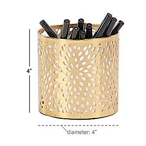 Deco 79 Metal Cylinder Pencil Cup with Laser Carved Floral Design, 4" x 4" x 4", Gold