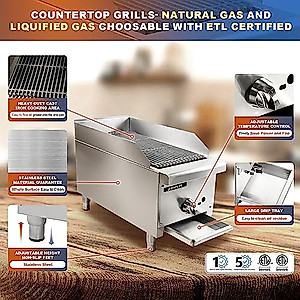 Aplancee Commercial Charbroiler 12" Natural and Propane Gas Grill Heavy Duty Countertop Griddle 1 Burner 28,000 BTU ETL Certified Commercial Cooking Equipment