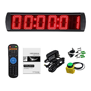 Ganxin 5 Inch 6-Digit LED Race Timing Clock, Running Event Gym Timer Clock for Countdown/Count Up,12/24 Hour Real Time Clock, Stopwatch with Remote Control,Portable Large Wall Clock (Red+Button)