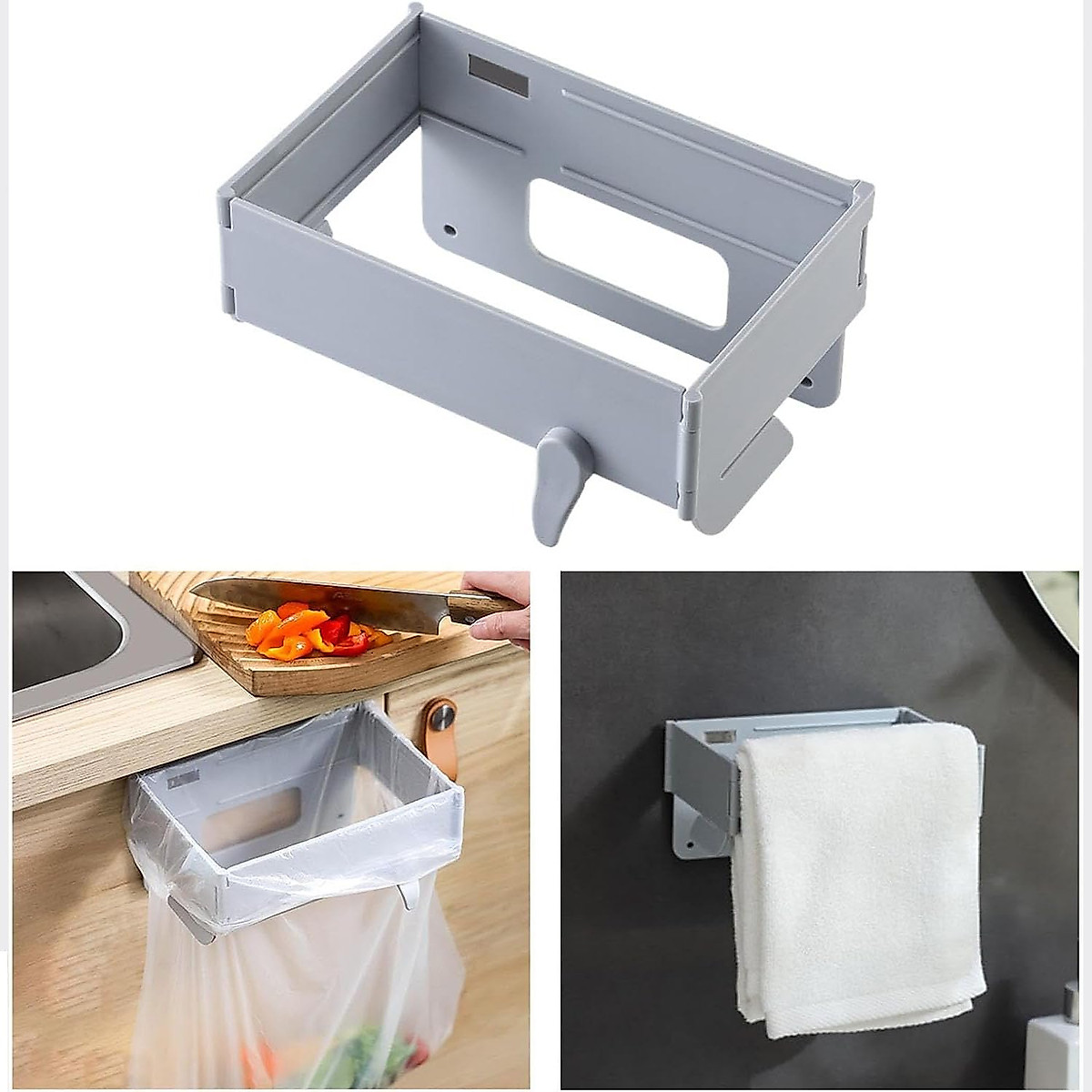 Wall-Mounted Foldable Trash Bag Holder, Multifunctional Garbage Bag Holder Frame, Kitchen Trash Organizer, Foldable Trash Bag Holder, for Bathroom Kitchen (Grey)