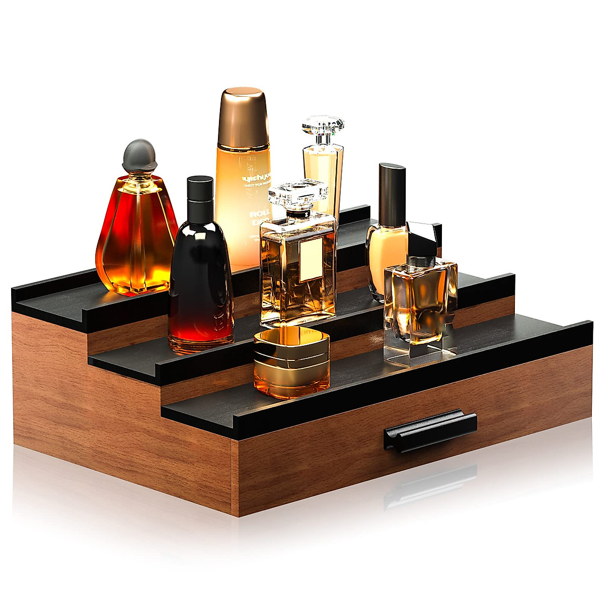 Sephyroth Cologne Organizer for Men 3 Tier of Elevated Cologne Display Shelf with Drawer Storage Perfume Organization and Storage Display Risers,Great Gift for Man(Walnut Black)