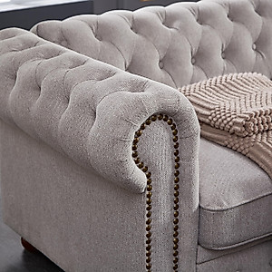 Bellemave Chesterfield Sofa Couch 3-Seater Sofa with Nailhead & Rolled Arms Linen Tufted Couch with Rubber Wood Legs for Living Room, Office (Light Grey)