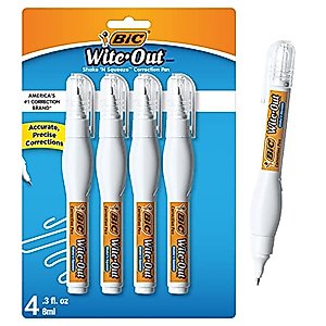 BIC Wite-Out Brand Shake 'n Squeeze Correction Pen, 8 ML Correction Fluid, 4-Count Pack of white Correction Pens, Fast, Clean and Easy to Use Office or School Supplies
